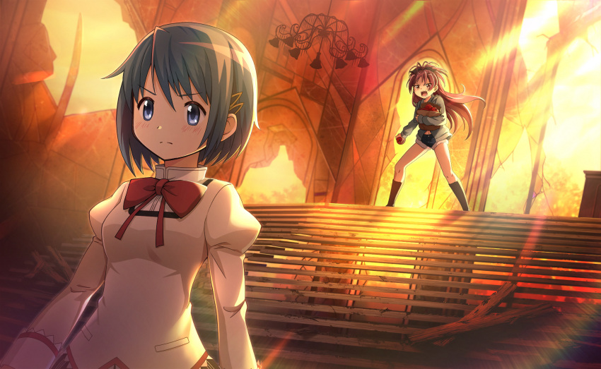 Safebooru - 2girls apple black socks blue eyes blue hair bow bowtie ...