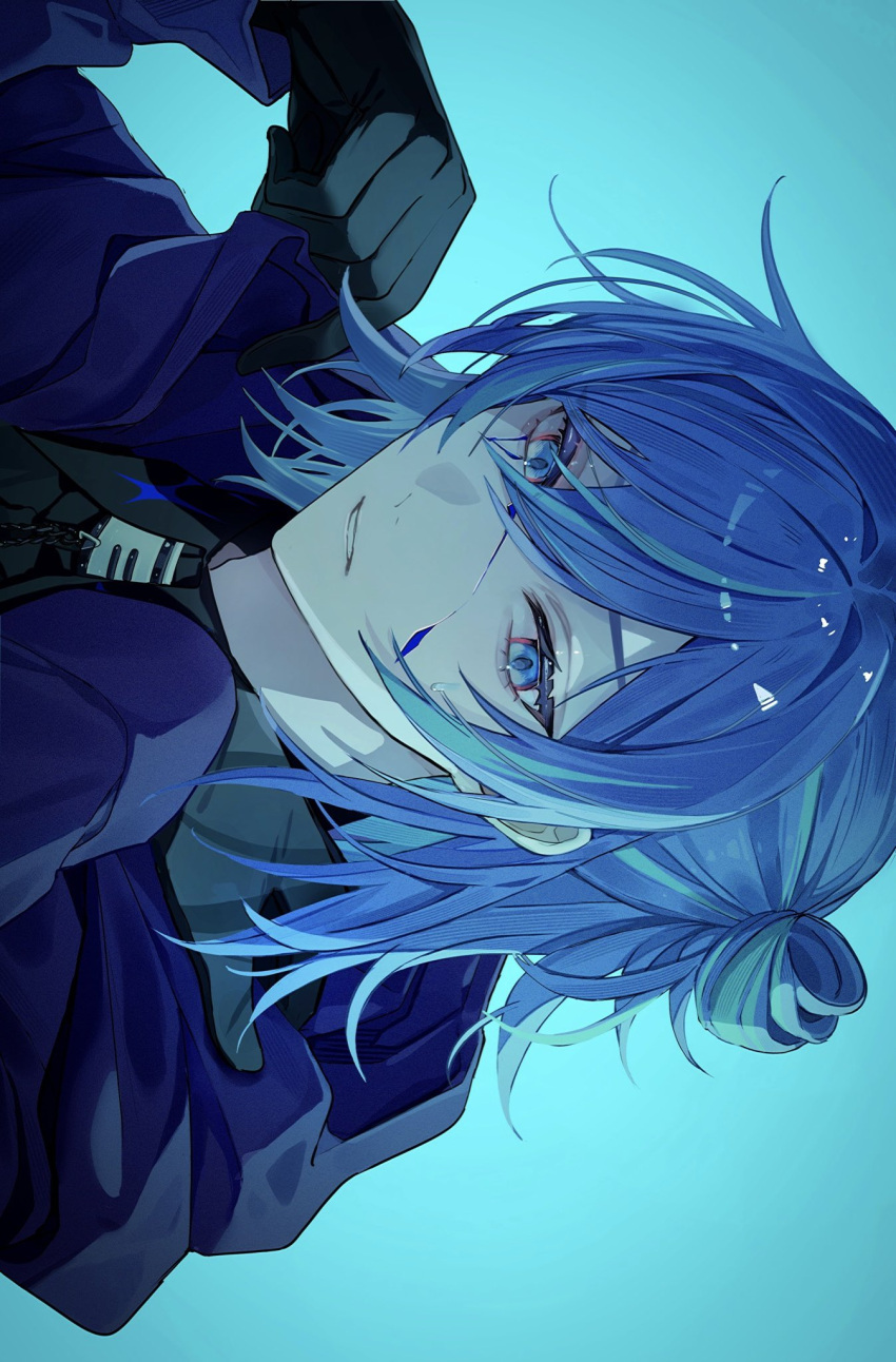 Safebooru - 1boy arm up black gloves black shirt blue background blue eyes blue jacket collared ...