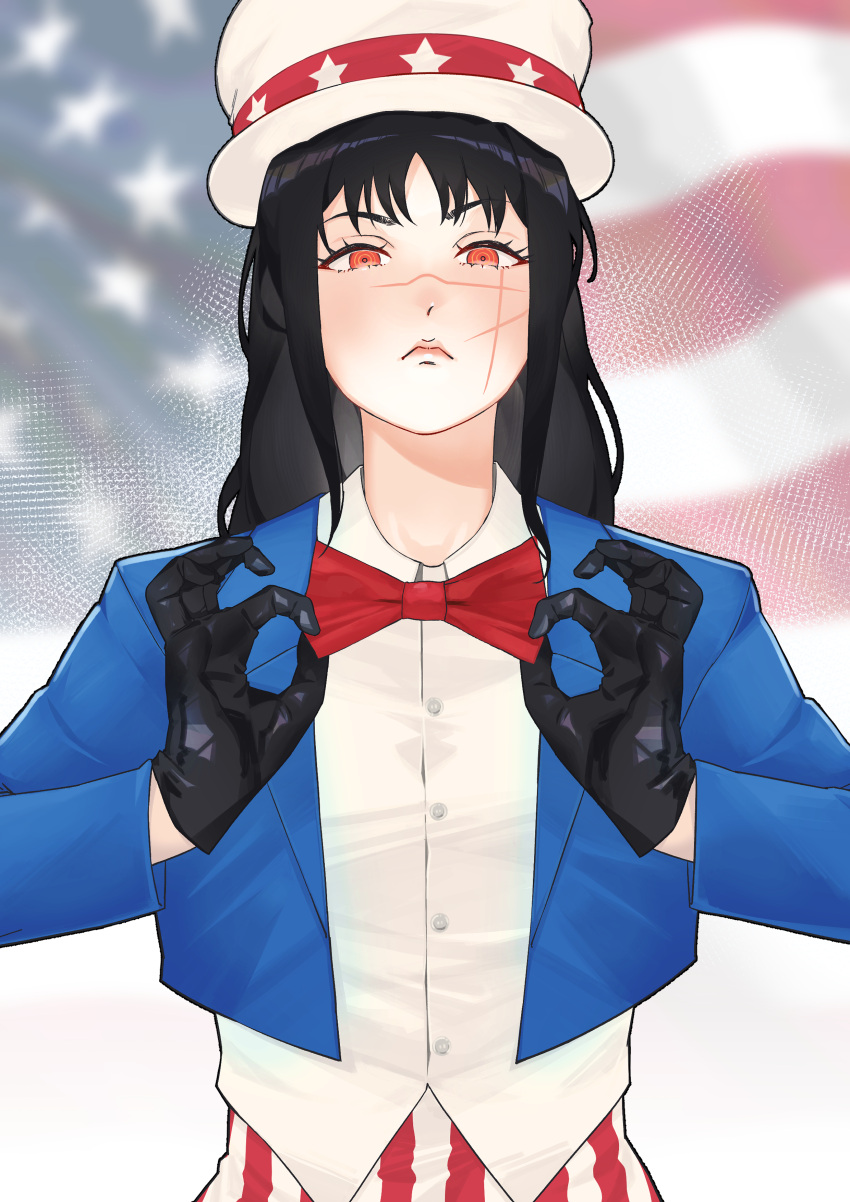 Safebooru - 1girl absurdres black gloves black hair blue jacket bow ...
