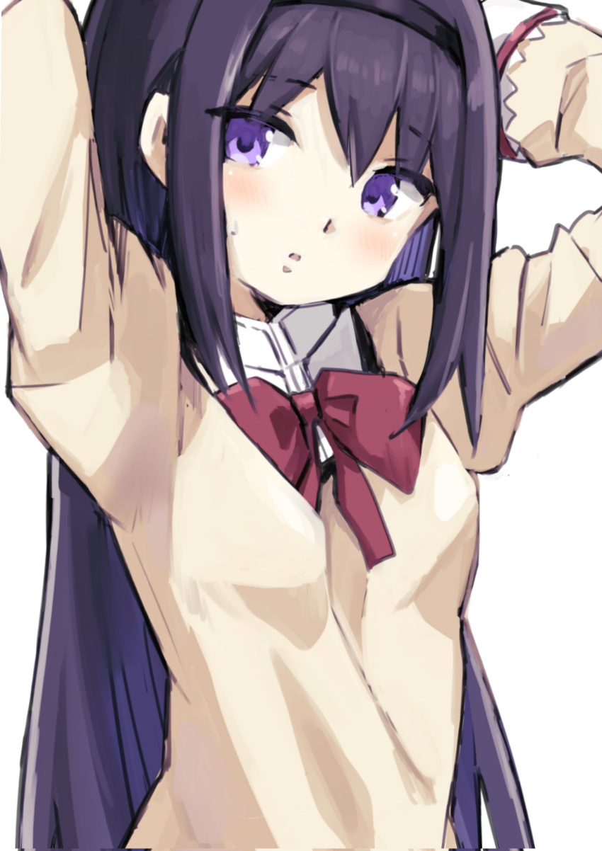 Safebooru - 1girl akemi homura arms up black hair bow bowtie collared shirt highres long hair ...