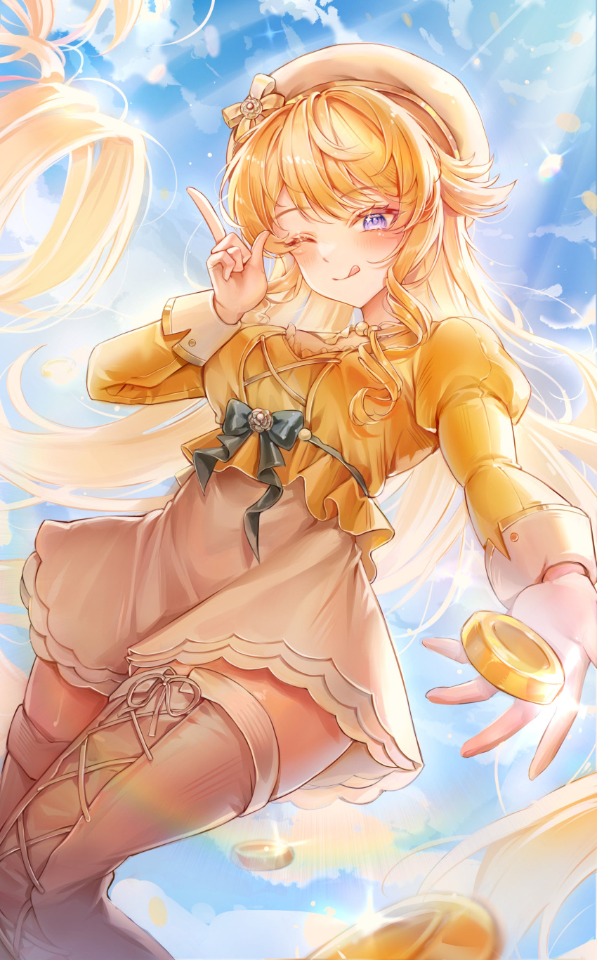 Safebooru - 1girl absurdres blonde hair blue eyes blue sky boots closed mouth clouds curly hair ...