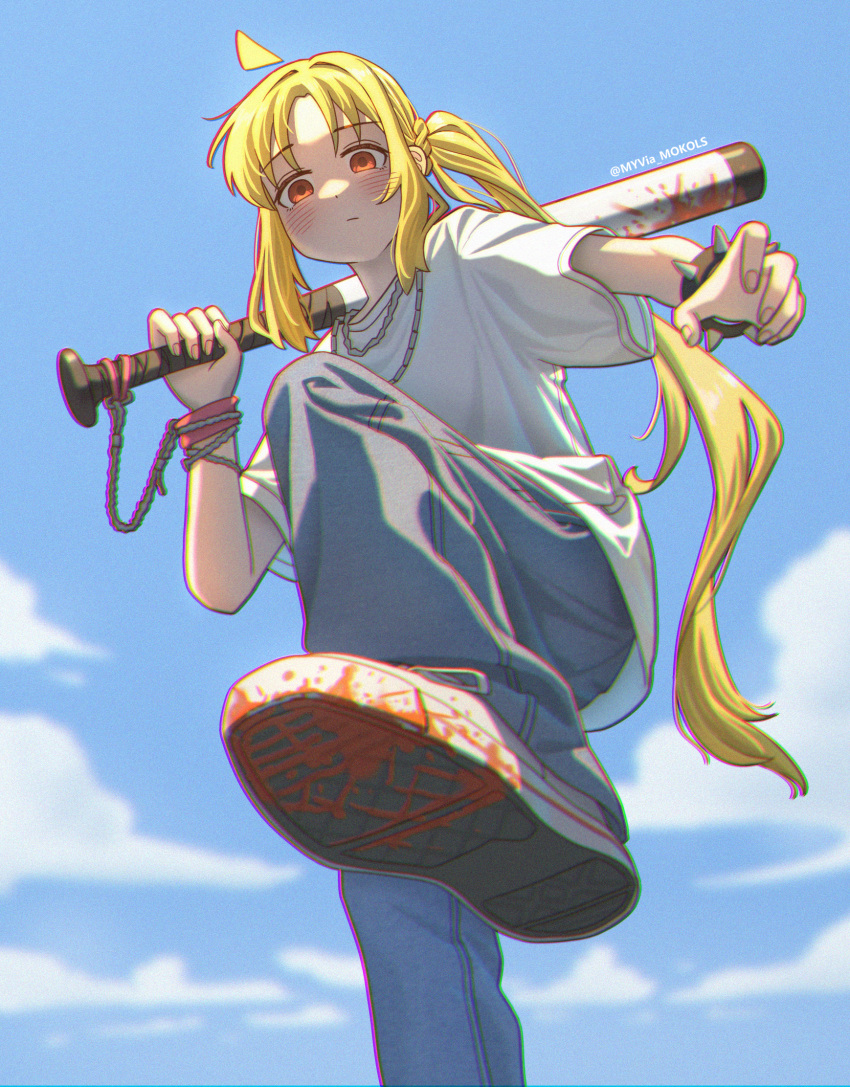 Safebooru - 1girl ahoge alternate costume baseball bat blonde hair blood blood on shoes bocchi ...