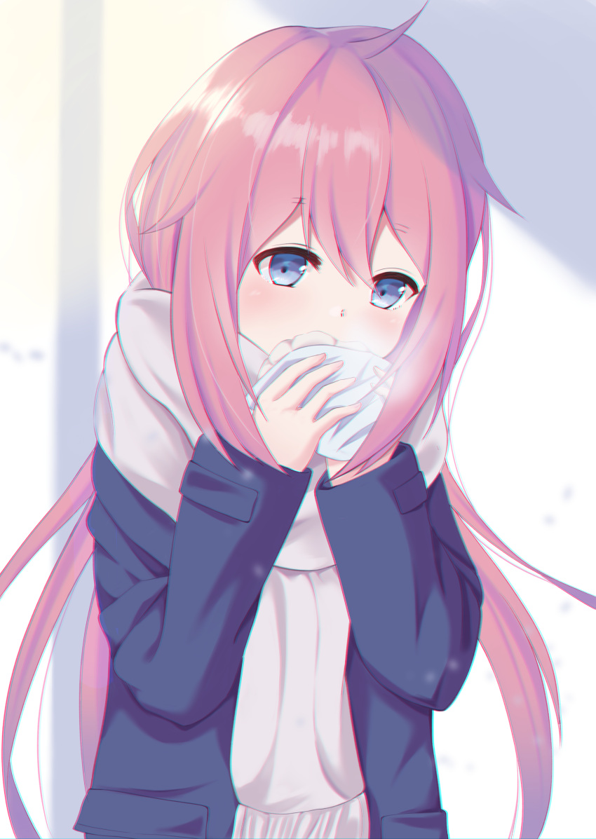 Safebooru 1girl Absurdres Blue Eyes Blue Jacket Covered Mouth Eating 5722
