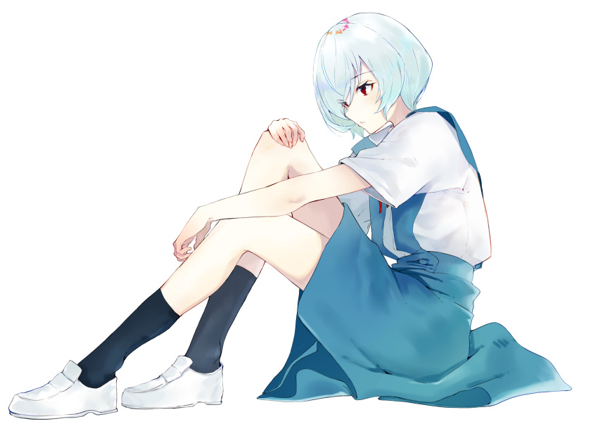Safebooru - 1girl absurdres ayanami rei black socks blue dress blue hair dress expressionless ...