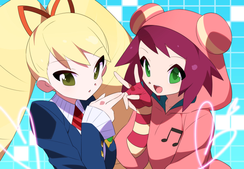 Safebooru - 2girls blonde hair blue background blue jacket drill hair ...