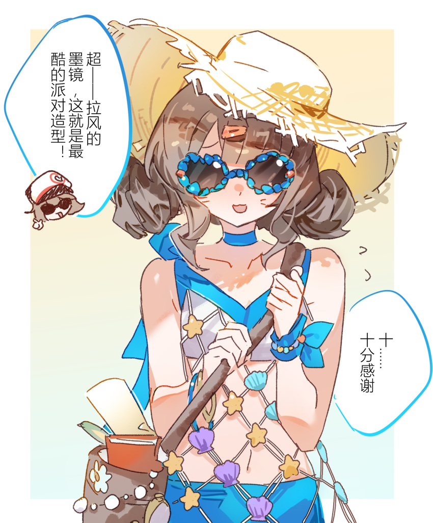 Safebooru - 2girls bag bare shoulders blue bow blue choker blue shorts bow brown bag brown hair ...