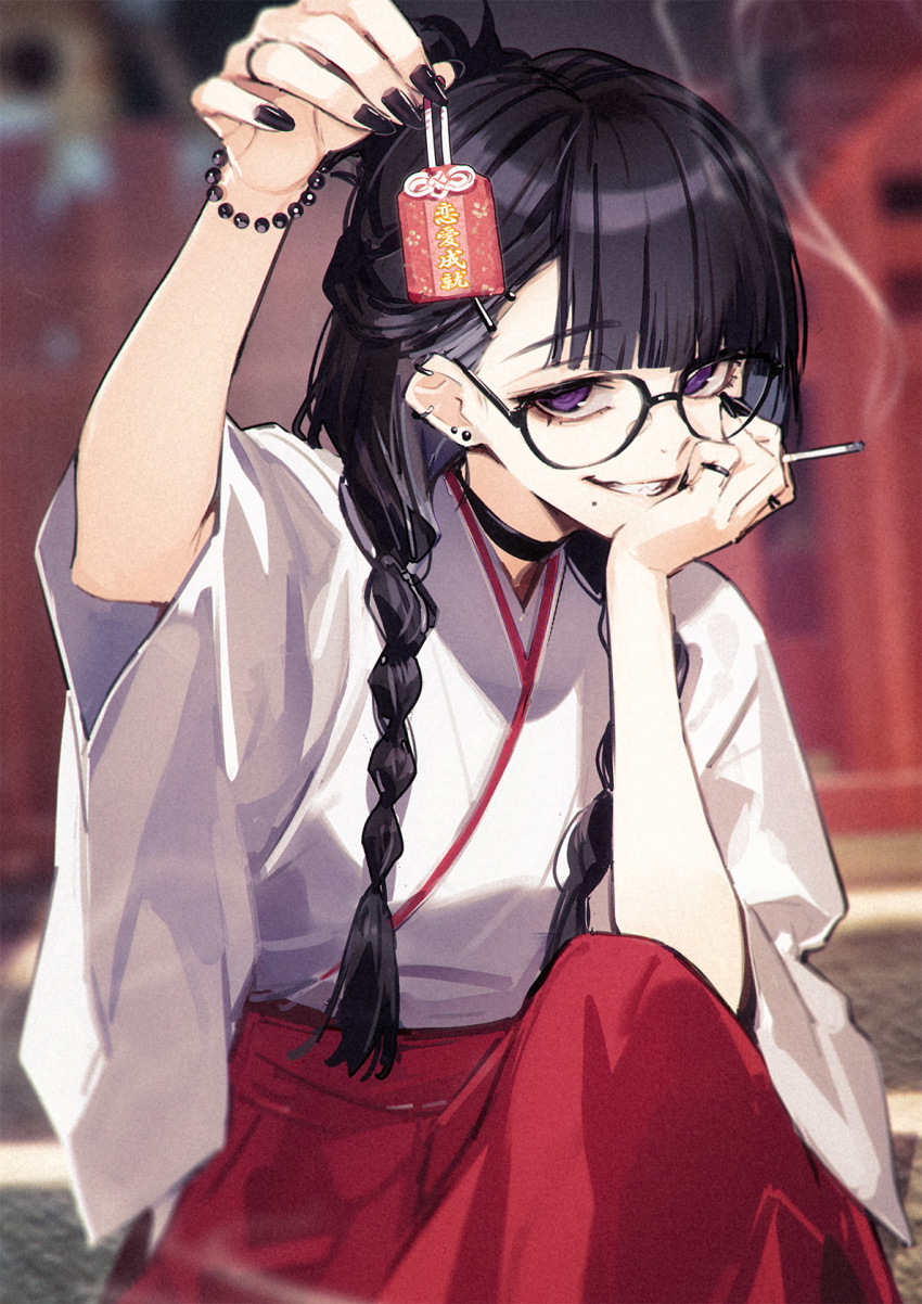 Safebooru - 1girl black hair black nails blurry blurry background braid choker cigarette ...