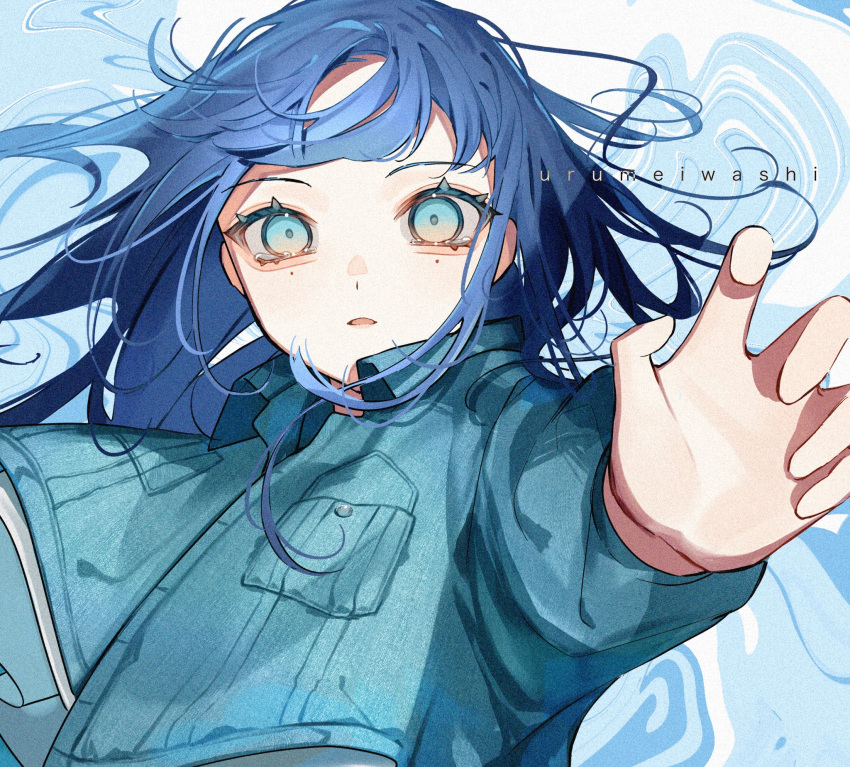 Safebooru - 1girl blue eyes blue hair blue theme falling highres long hair long sleeves open ...