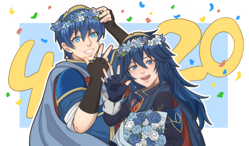 Safebooru - 1boy 1girl :d ancestor and descendant black gloves blue eyes blue flower blue gloves ...