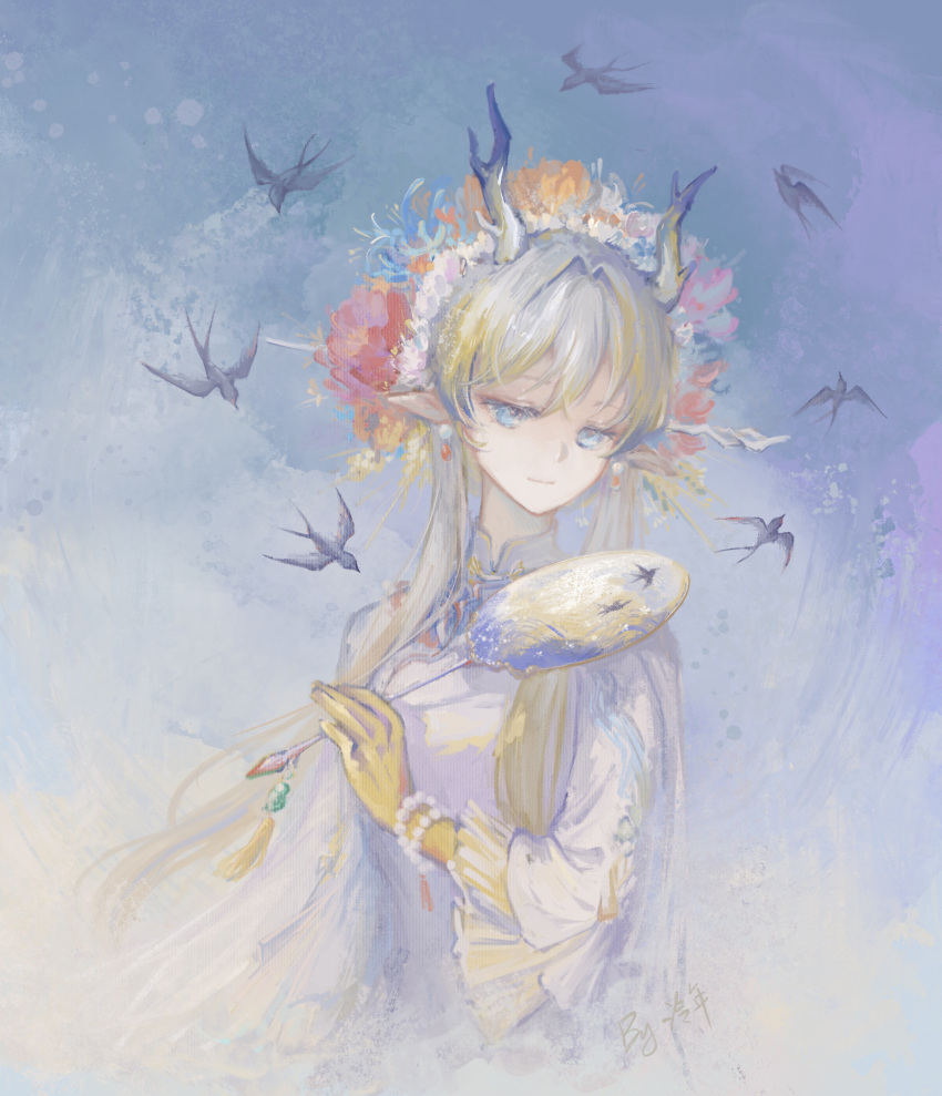 Safebooru - 1girl absurdres arknights artist name bird blonde hair blue eyes chinese commentary ...