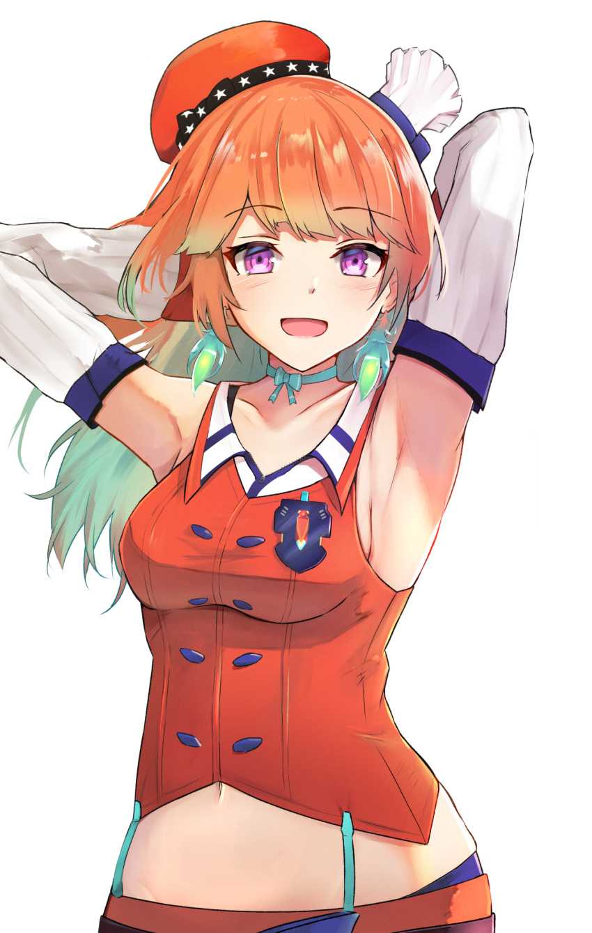 Safebooru - 1girl aqua hair aqua neckwear armpits arms behind head badge bangs blush bra strap ...