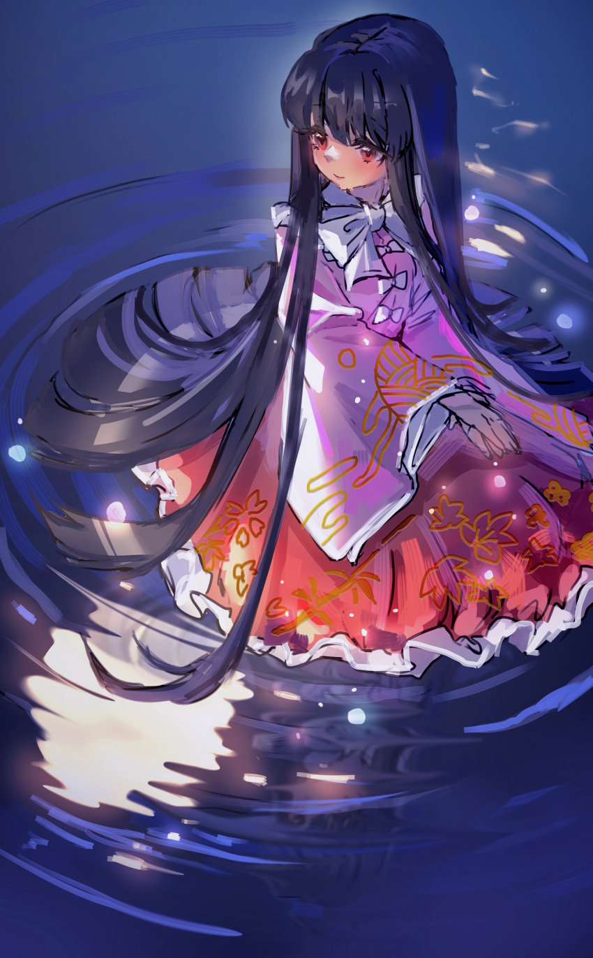 Safebooru - 1girl absurdres black hair bow closed mouth frilled skirt frills highres hime cut ...