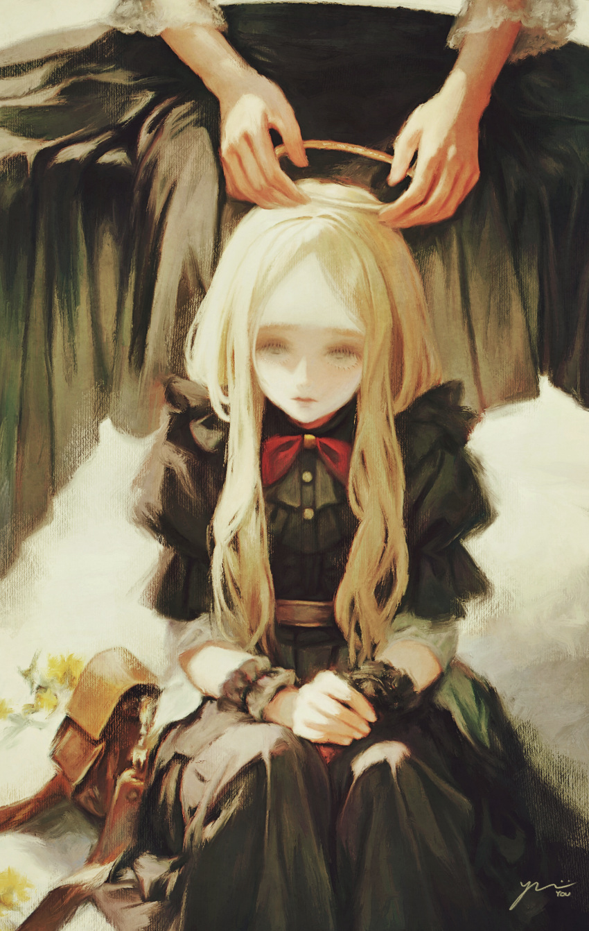 Safebooru - 1girl 1other absurdres bag black dress bow dress grey eyes halo highres long hair ...