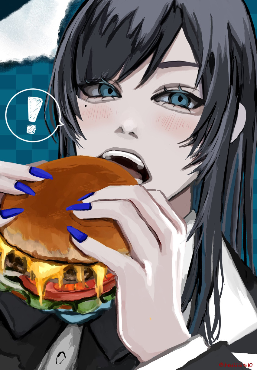 Safebooru - ! 1girl ado (utaite) aegyo sal black hair blue eyes blue nails blush burger chando ...