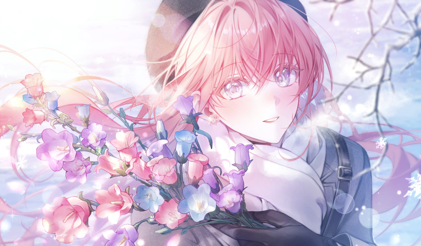 Safebooru - 1girl blue eyes branch commission floating hair flower hair between eyes hat highres ...