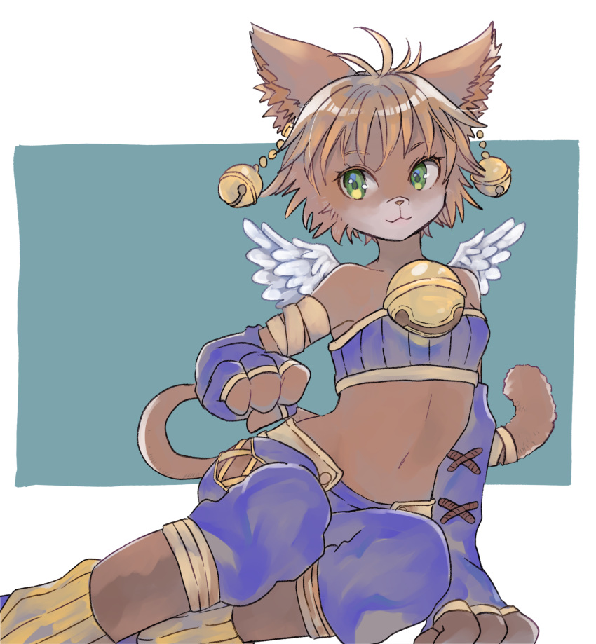 Safebooru - 1girl :3 animal ears bandaged arm bandages bell bell earrings blue pants brown fur ...