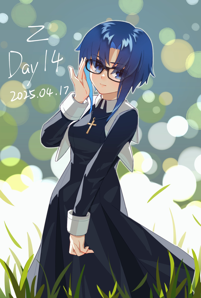 Safebooru - 1girl adjusting eyewear black-framed eyewear black dress blue eyes blue hair ciel ...