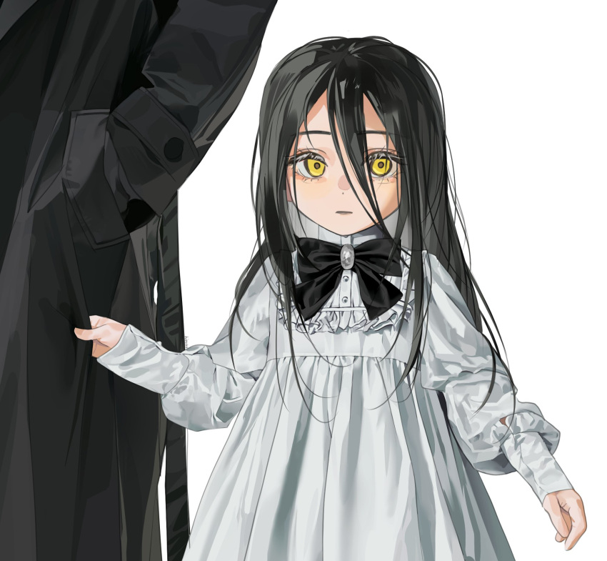 Safebooru - 1boy 1girl aged down black bow black hair bow clinging dress hair between eyes ...
