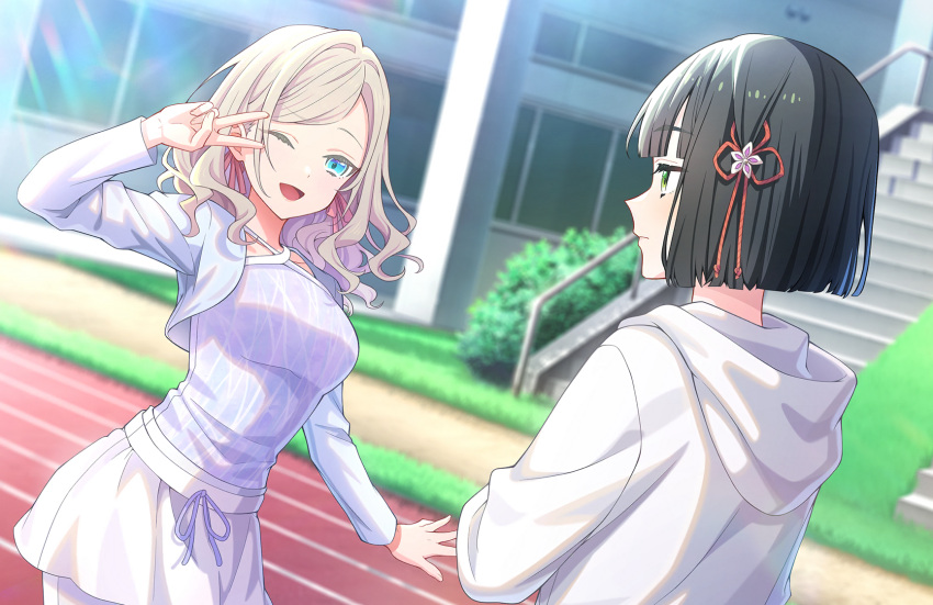 Safebooru - 2girls ;d black hair blue eyes blunt bangs blunt ends blurry blurry background bob ...