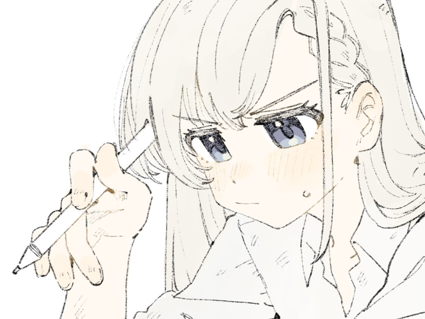 Safebooru - 1girl :/ blue eyes blush braid braided bangs collared shirt grey hair highres ...