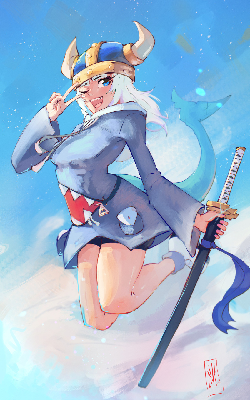 Safebooru - 1girl absurdres animal costume blue eyes blue hair blue hoodie boutsoftheblind fins ...