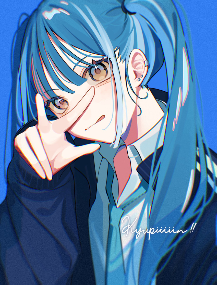 Safebooru - 1girl aqua theme blue hair blue theme highres long hair long sleeves necktie ...