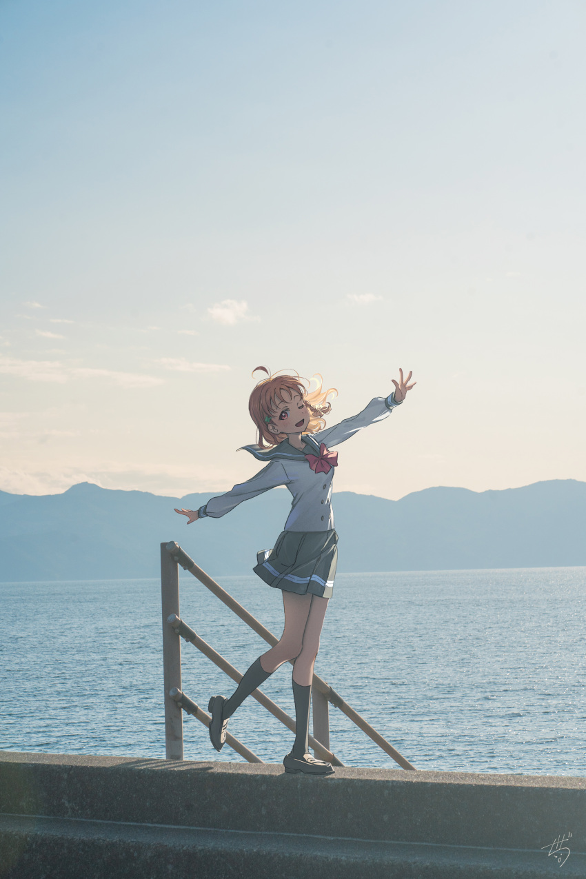 Safebooru - absurdres ahoge arm up blue sky clouds cloudy cloudy sky ...