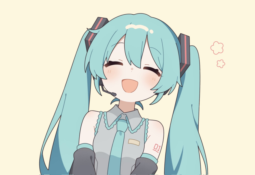 Safebooru - 1girl :d aqua hair aqua necktie arm tattoo black sleeves blush breasts closed eyes ...