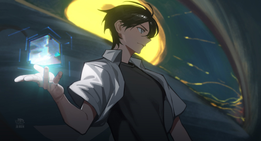 Safebooru - 1boy absurdres black eyes black hair black shirt closed mouth fingernails floating ...