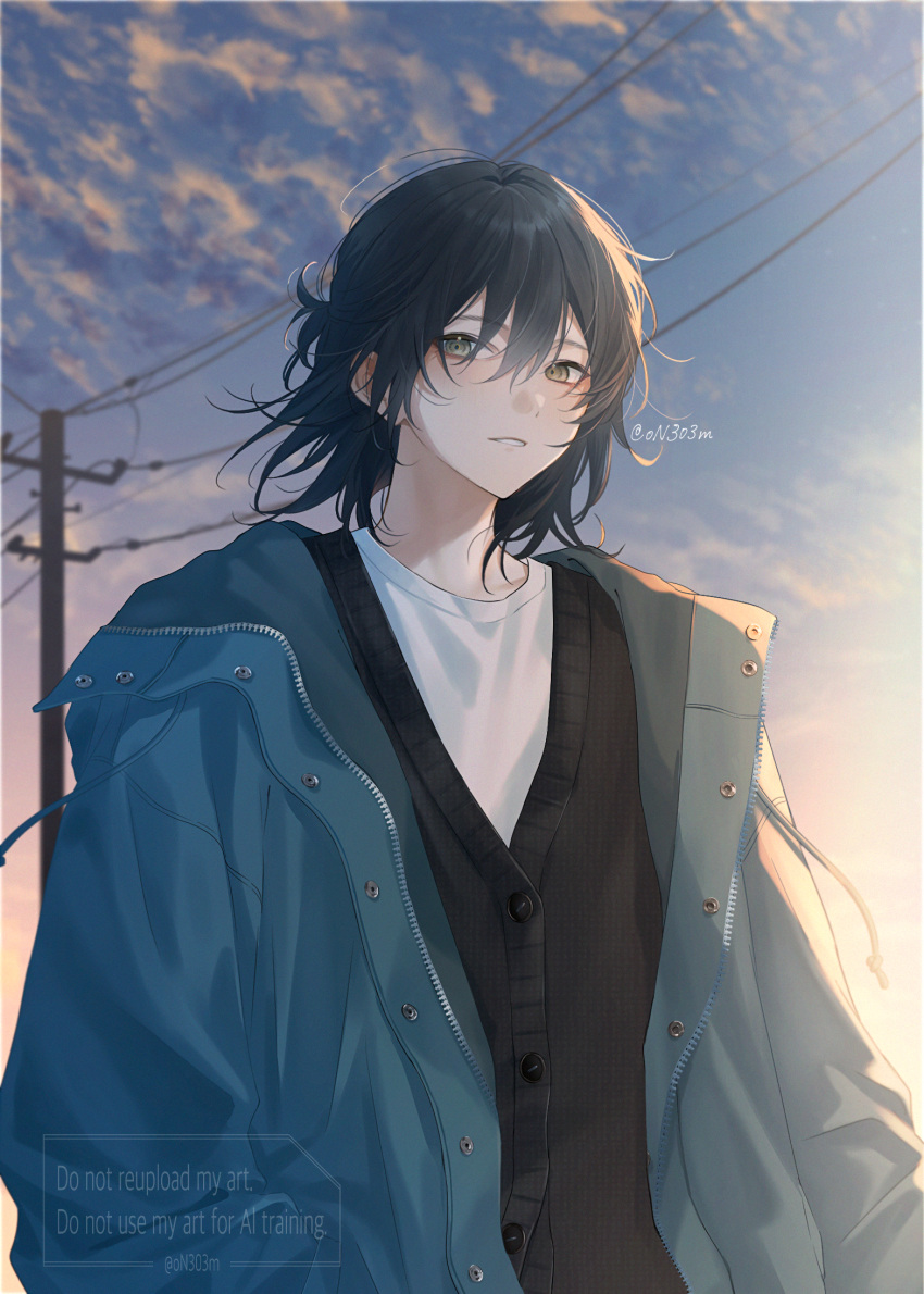 Safebooru - 1boy black hair black sweater vest blue jacket blurry blurry background cable clouds ...