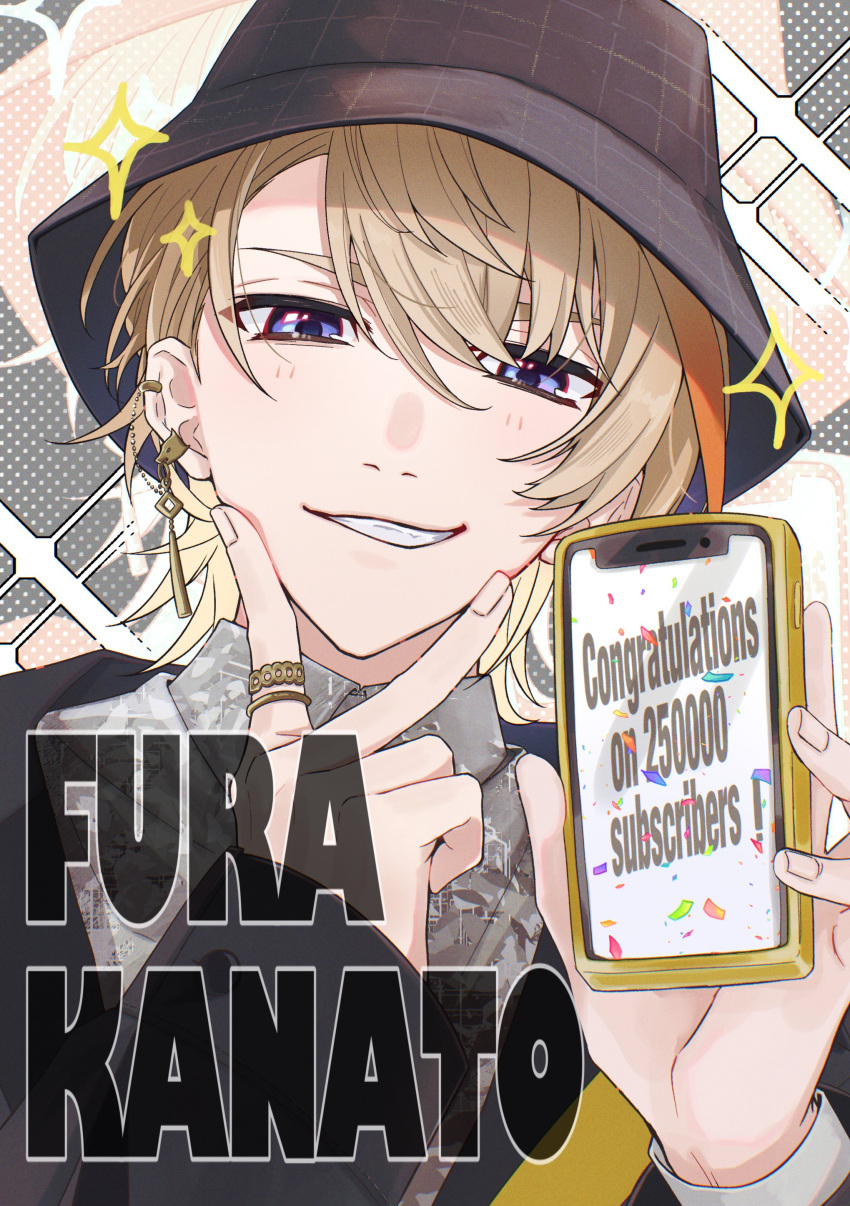 Safebooru - 1boy absurdres black hat black jacket blonde hair blue eyes bucket hat cellphone ...