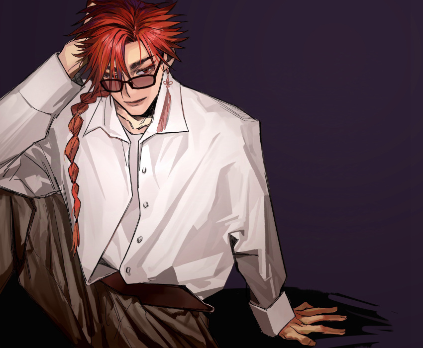 Safebooru - 1boy absurdres arm support belt black belt black pants boooling braid braided ...