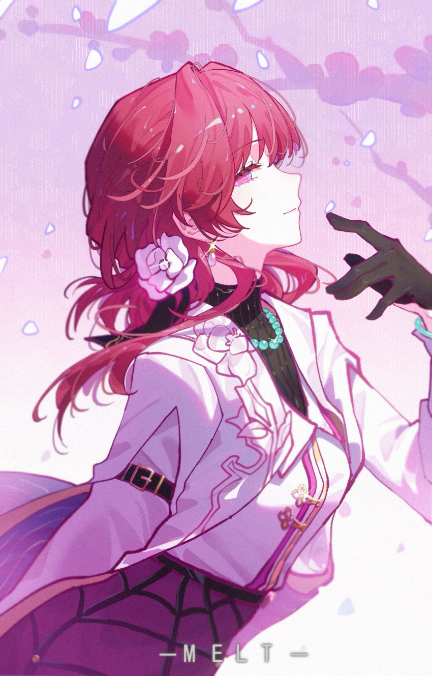 Safebooru - 1girl bead necklace beads black gloves bracelet breasts earrings flower gloves hair ...