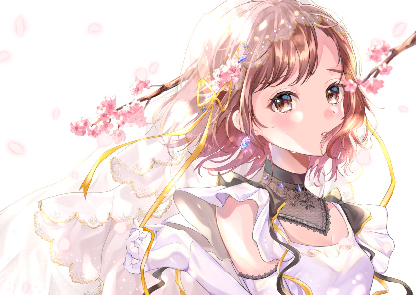 Safebooru - 1girl absurdres blush branch breasts bridal veil brown eyes brown hair cherry ...