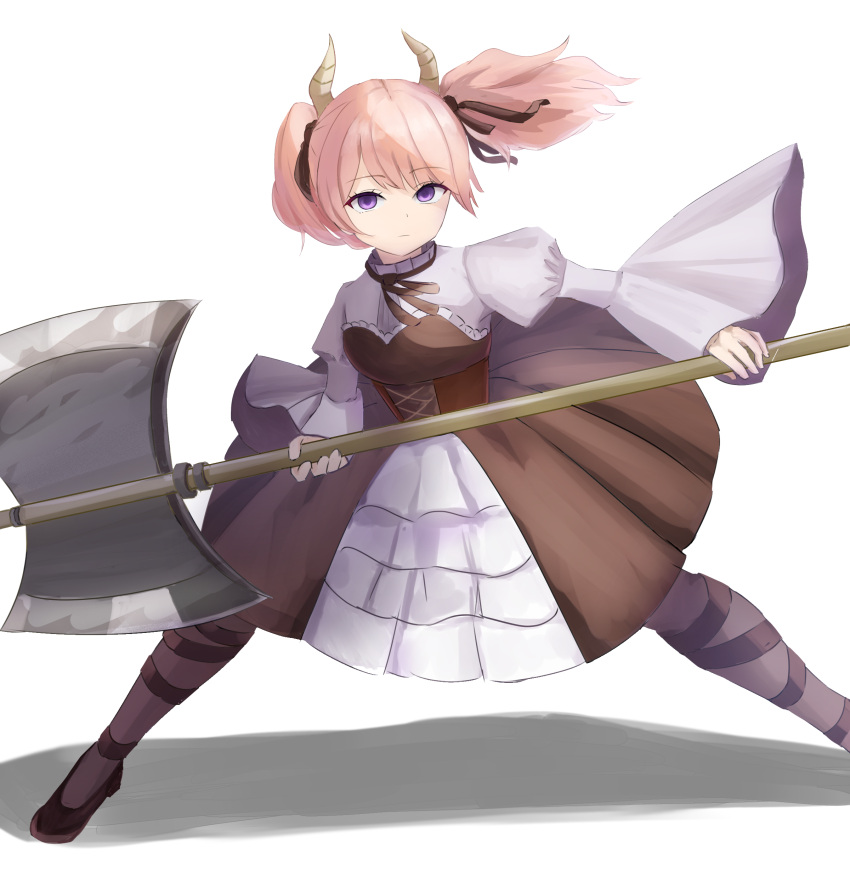 Safebooru - 1girl absurdres axe battle axe brown dress brown ribbon brown shoes commentary demon ...