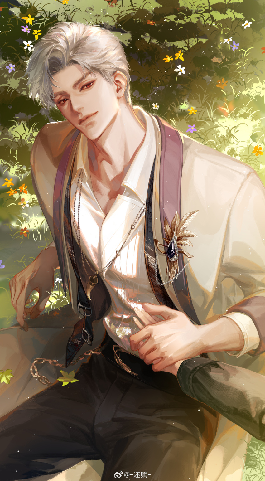 Safebooru - 1boy absurdres alternate costume belt black pants brooch chain chain necklace closed ...