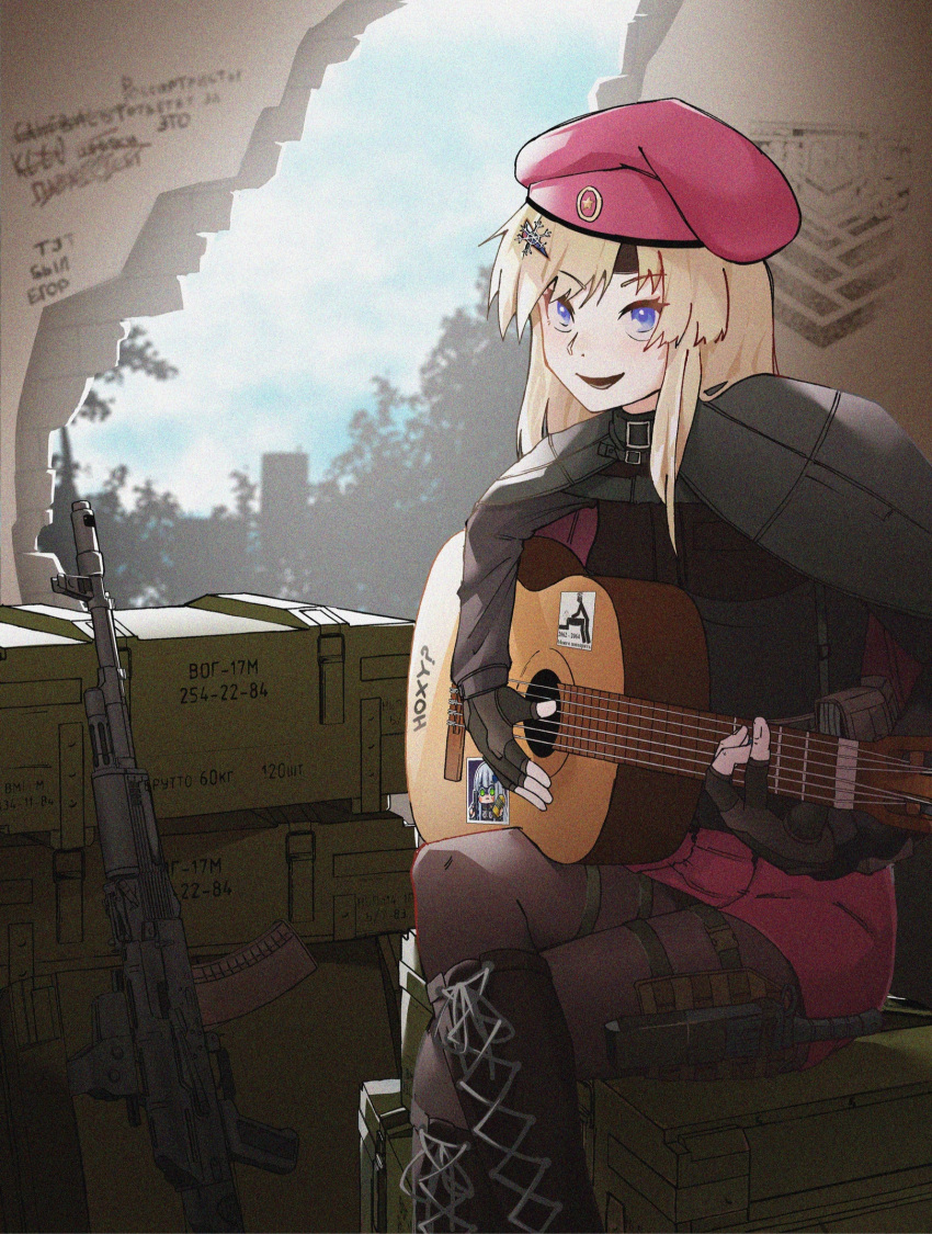 Safebooru - 1girl ak-74m (girls frontline) (rabochicken) beret cyrillic girls frontline guitar ...