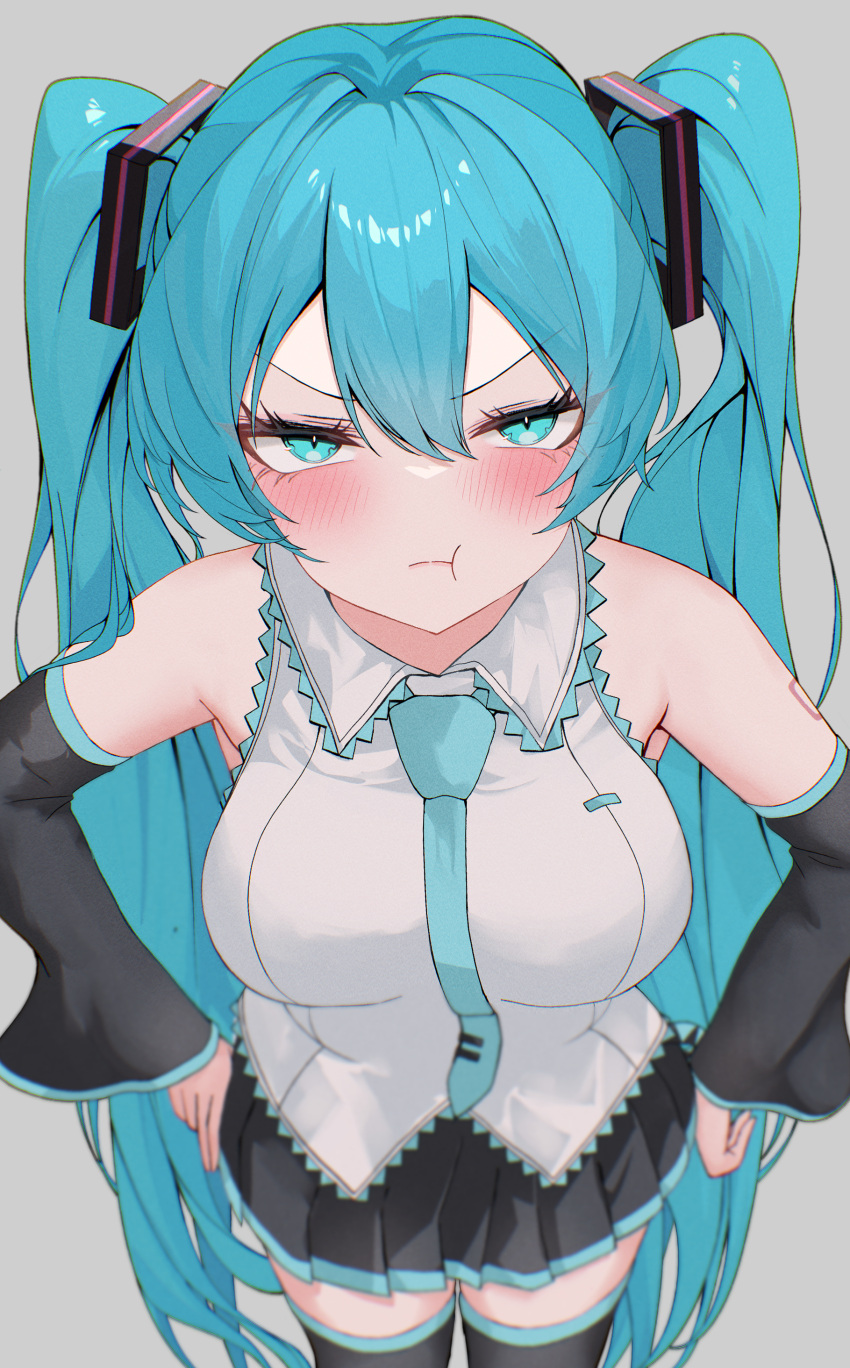 Safebooru - 1girl :t absurdres aqua eyes aqua hair aqua necktie bent over black skirt breasts ...