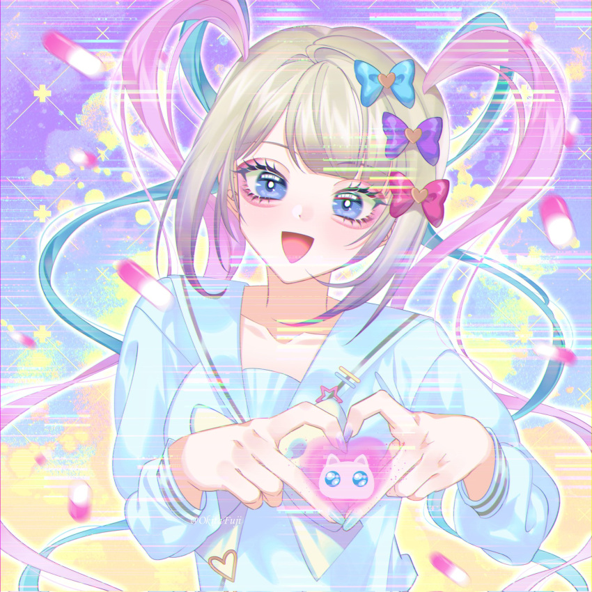 Safebooru - 1girl 4-finger heart hands :d aqua hair blonde hair blue eyes blue hair blue nails ...