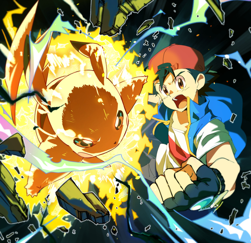 Safebooru - 1boy 32890 (artist) ash ketchum backwards hat black gloves ...