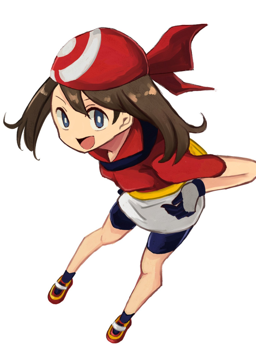 Safebooru - 1girl :d bandana bike shorts black shorts blue eyes brown hair fanny pack highres ...
