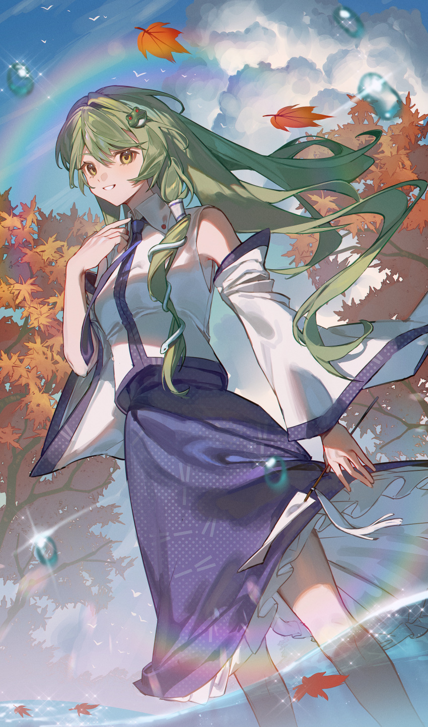 Safebooru - 1girl absurdres bare shoulders blue skirt clouds cloudy sky detached sleeves ender ...