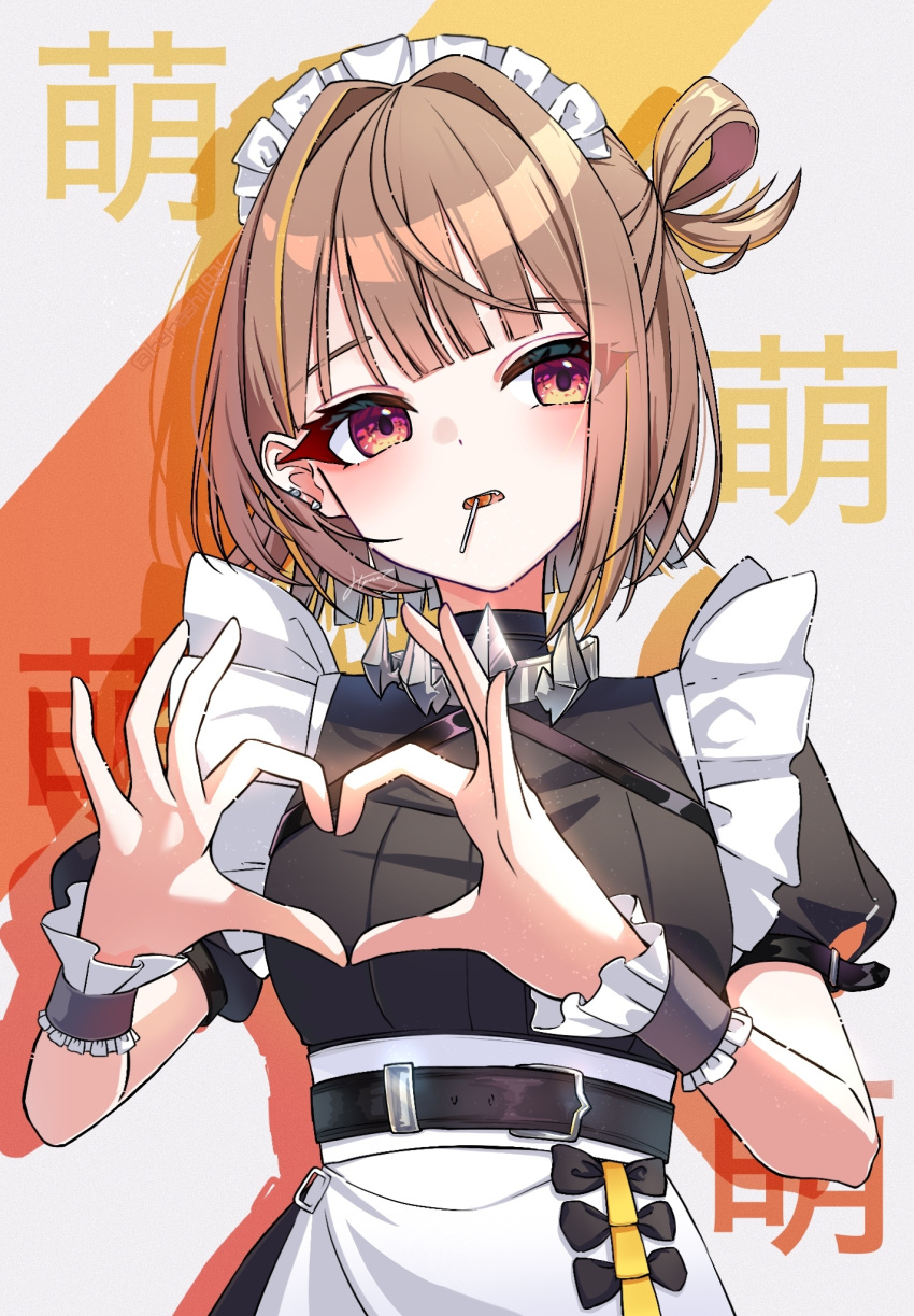 Safebooru - 1girl 4-finger heart hands alternate costume apron belt black belt black dress brown ...