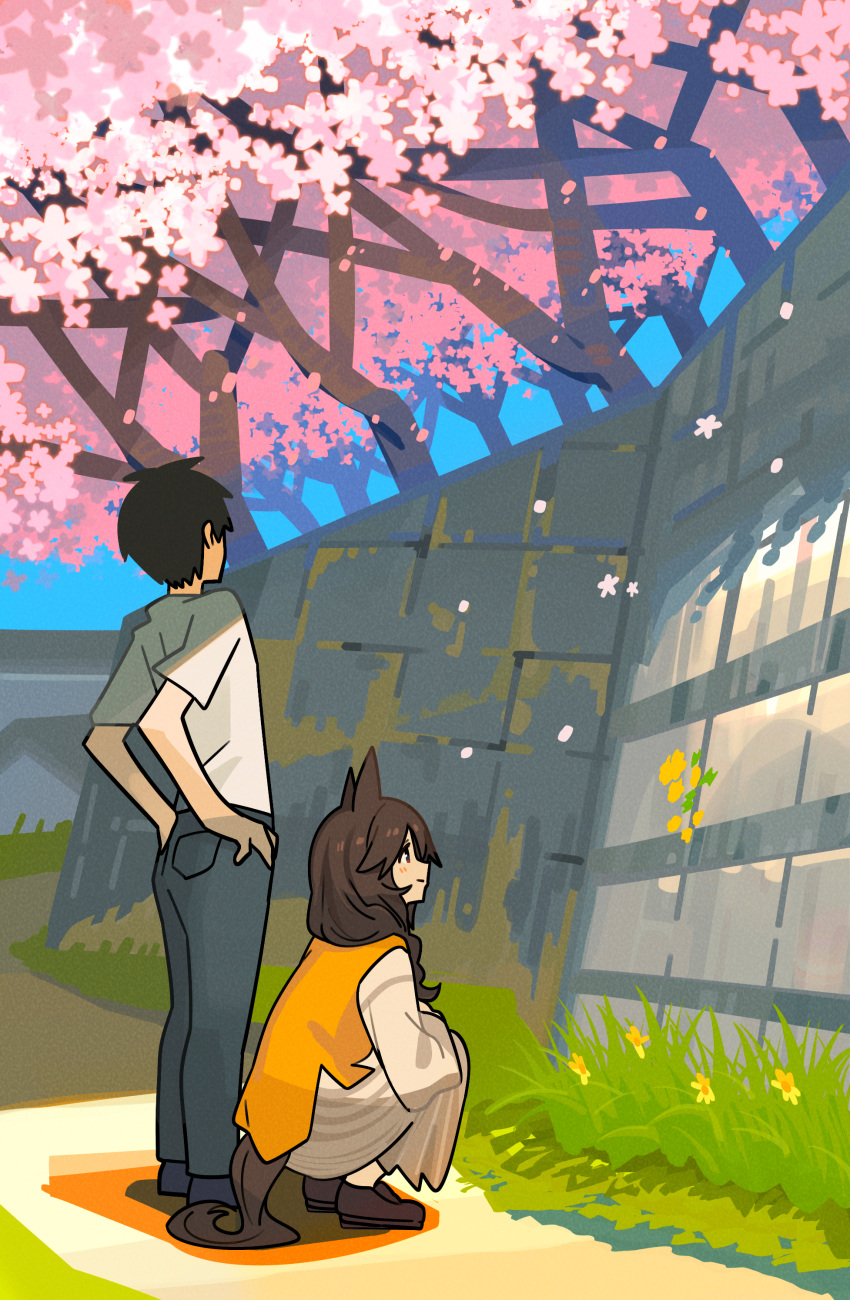 Safebooru - 1boy 1girl absurdres animal ears ashinowoto brown hair brown shoes cherry blossoms ...