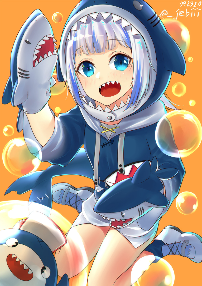 Safebooru - 1girl absurdres animal costume animal hood bloop (gawr gura) blue hair blue hoodie ...