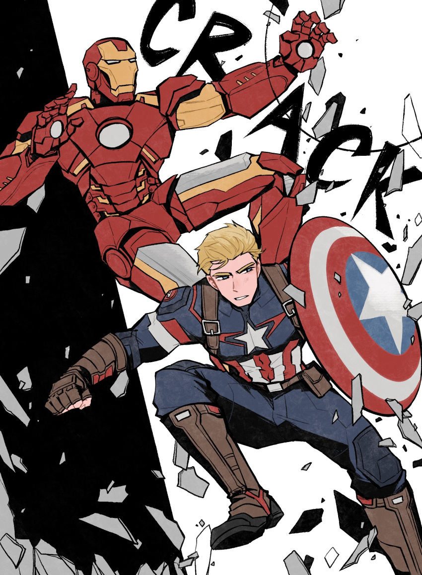 Safebooru - 2boys absurdres arc reactor armor avengers (series) belt blonde hair blue bodysuit ...