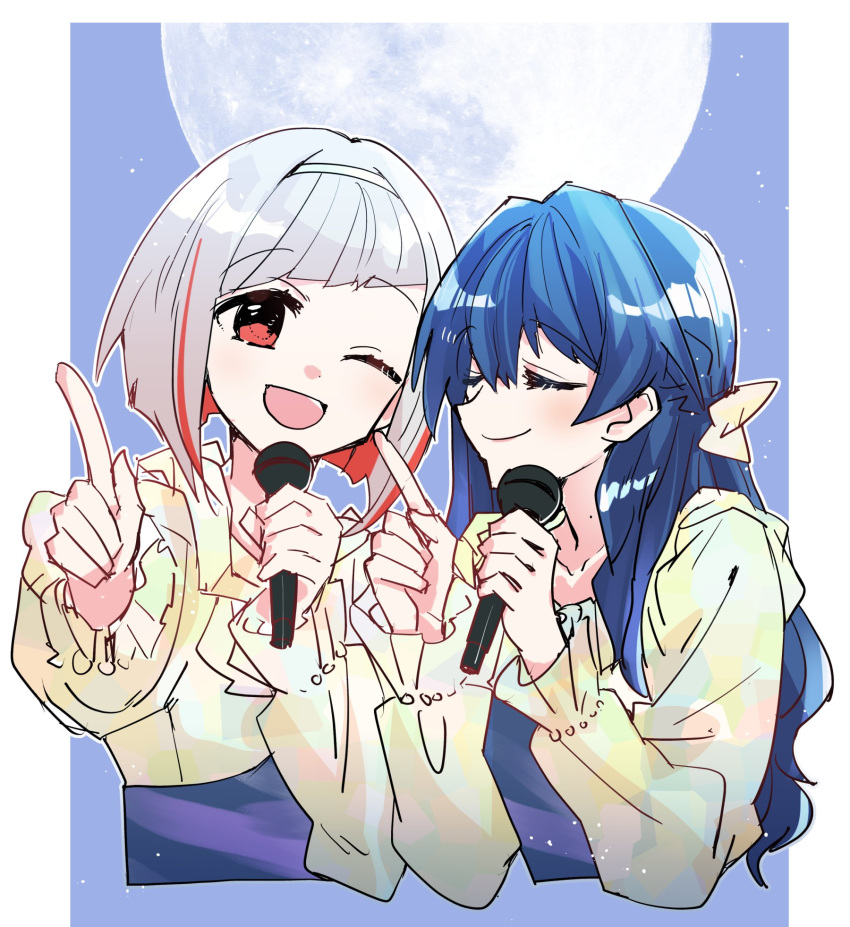 Safebooru - 2girls 2nd live tour ~blooming with ooo~ ;d blue dress bob cut border braid ...