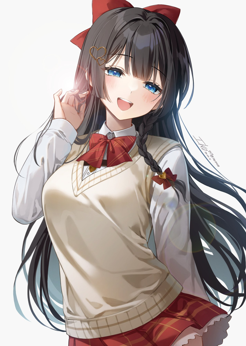 Safebooru - 1girl black hair blue eyes bow bowtie braid cowboy shot hair bow hair ornament hand ...