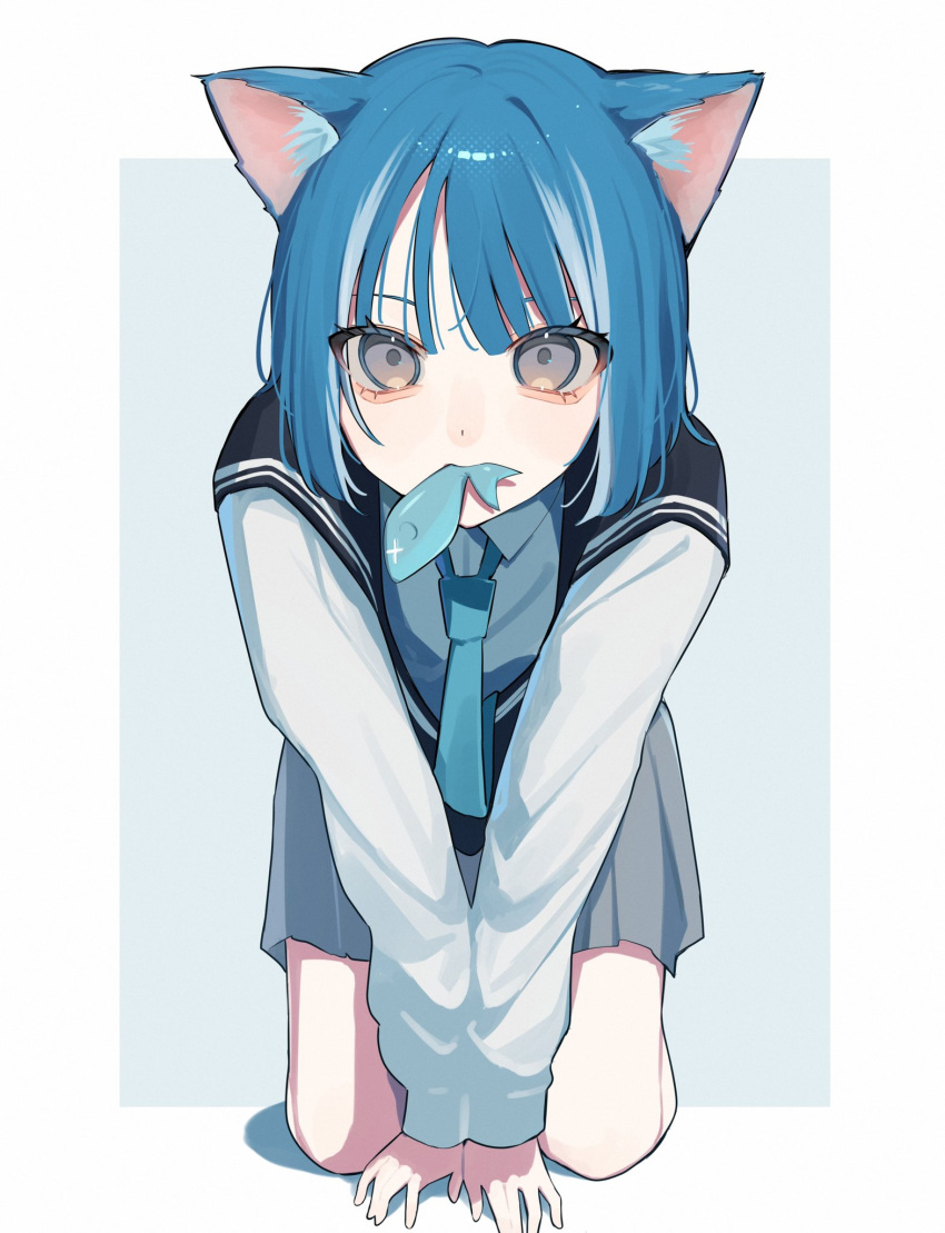 Safebooru - 1girl all fours animal ears blue hair blue theme cat day fish highres necktie school ...
