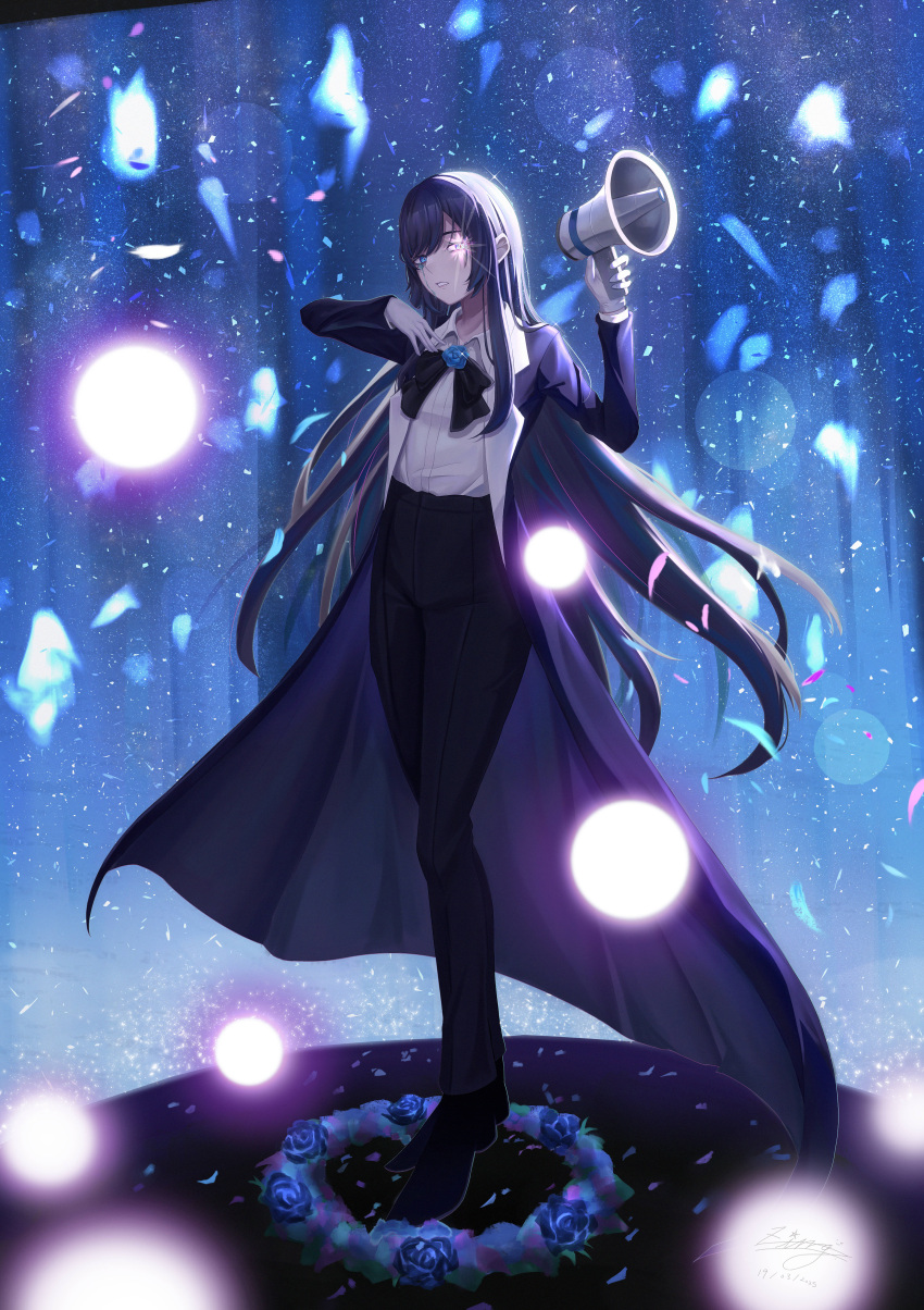 Safebooru - 1girl absurdres ado (utaite) black bow black bowtie black coat black pants blue ...